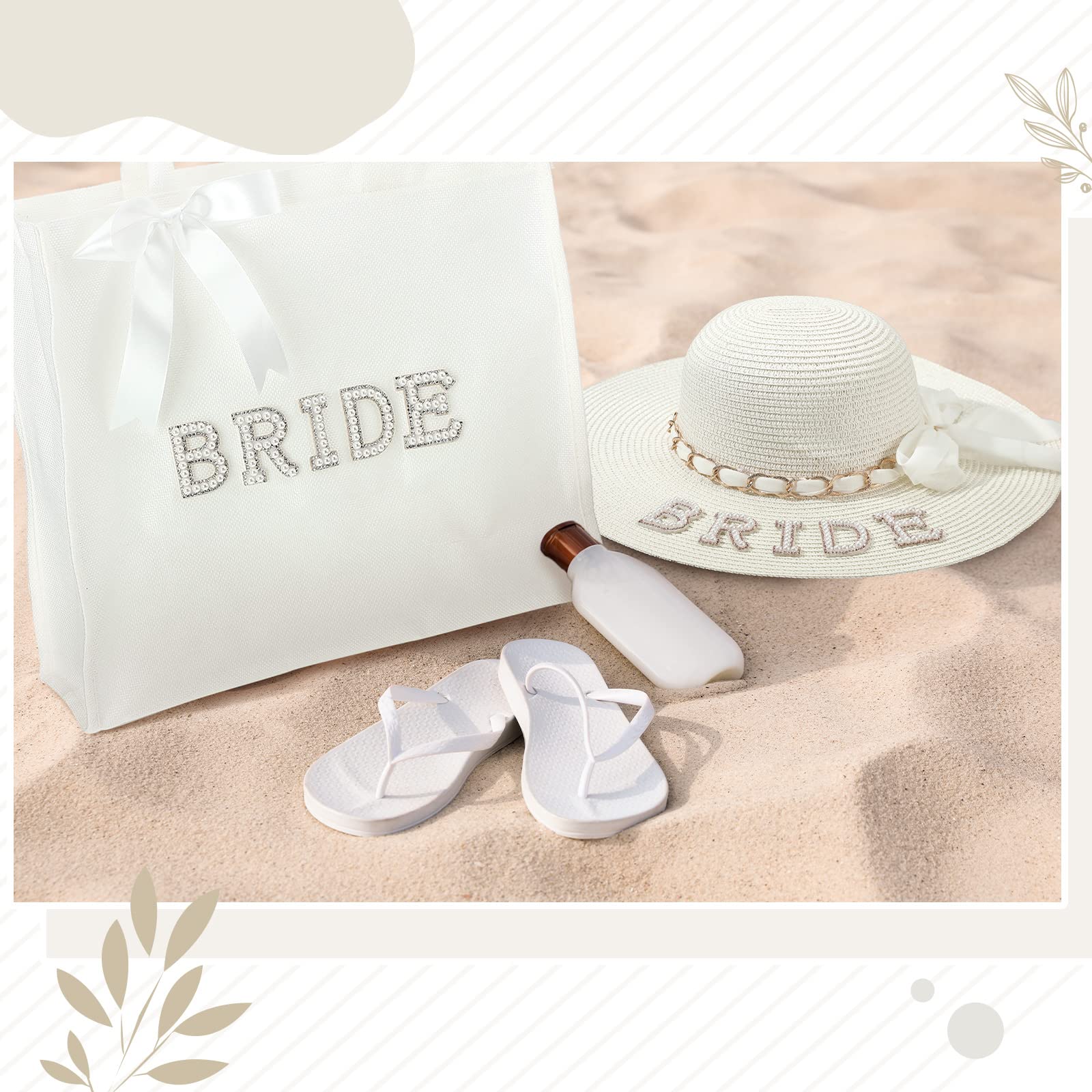 Chunful 3 Pcs Bride Tote Bag Sun Hat Glasses Set Bachelorette Gifts for Bride Jute Burlap Bag with Handles for Honeymoon(White)