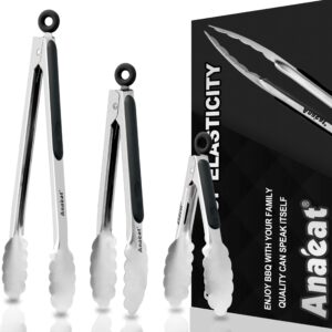 anaeat premium kitchen locking tong set of 3 - heavy duty stainless steel food tongs with long handle & non-slip silicone grip for cooking, baking, grilling - heat resistant up to 480°f