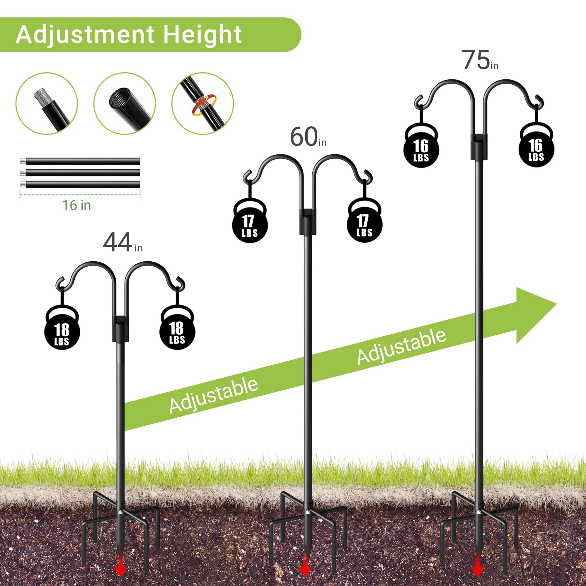 Double Shepherds Hooks for Outdoor, Heavy Duty Bird Feeder Pole with 5 Prong Base, Adjustable Shepards Hook for Outside, Garden, Weddings, Hanging Plant, 2 Pack