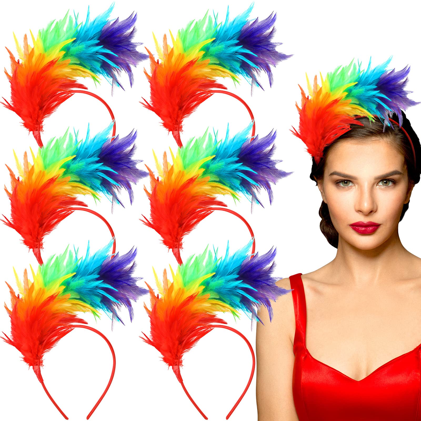 Yunlly 6 Pcs Mardi Gras Fascinator Feather Headband 1920 Feather Headband Hat Parrot Headband Party Costume Women Accessories(Rainbow)