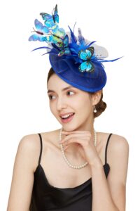 gionforsy butterfly fascinator hat feather derby tea party hat monarch butterfly headband fascinators for wedding (blue)