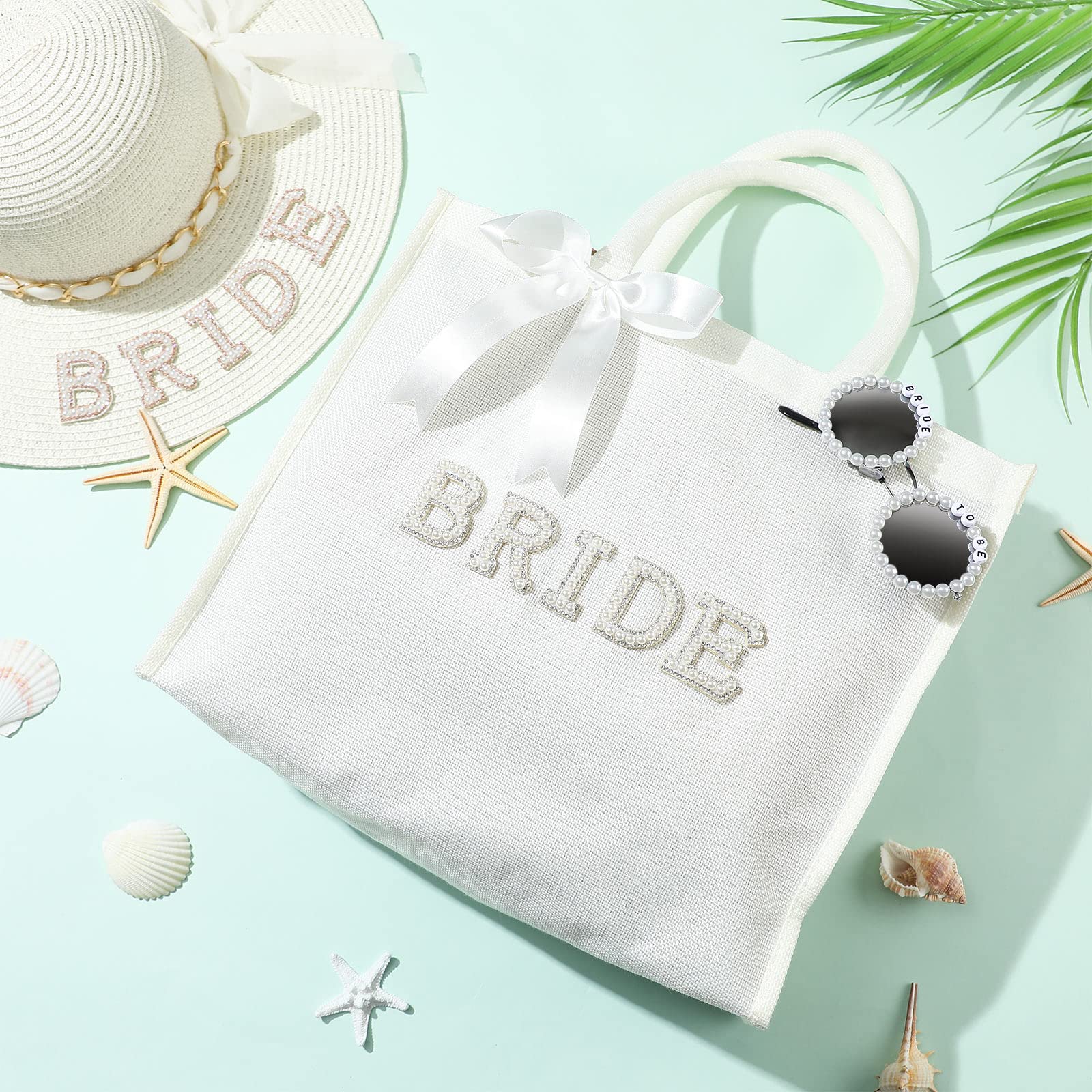 Chunful 3 Pcs Bride Tote Bag Sun Hat Glasses Set Bachelorette Gifts for Bride Jute Burlap Bag with Handles for Honeymoon(White)