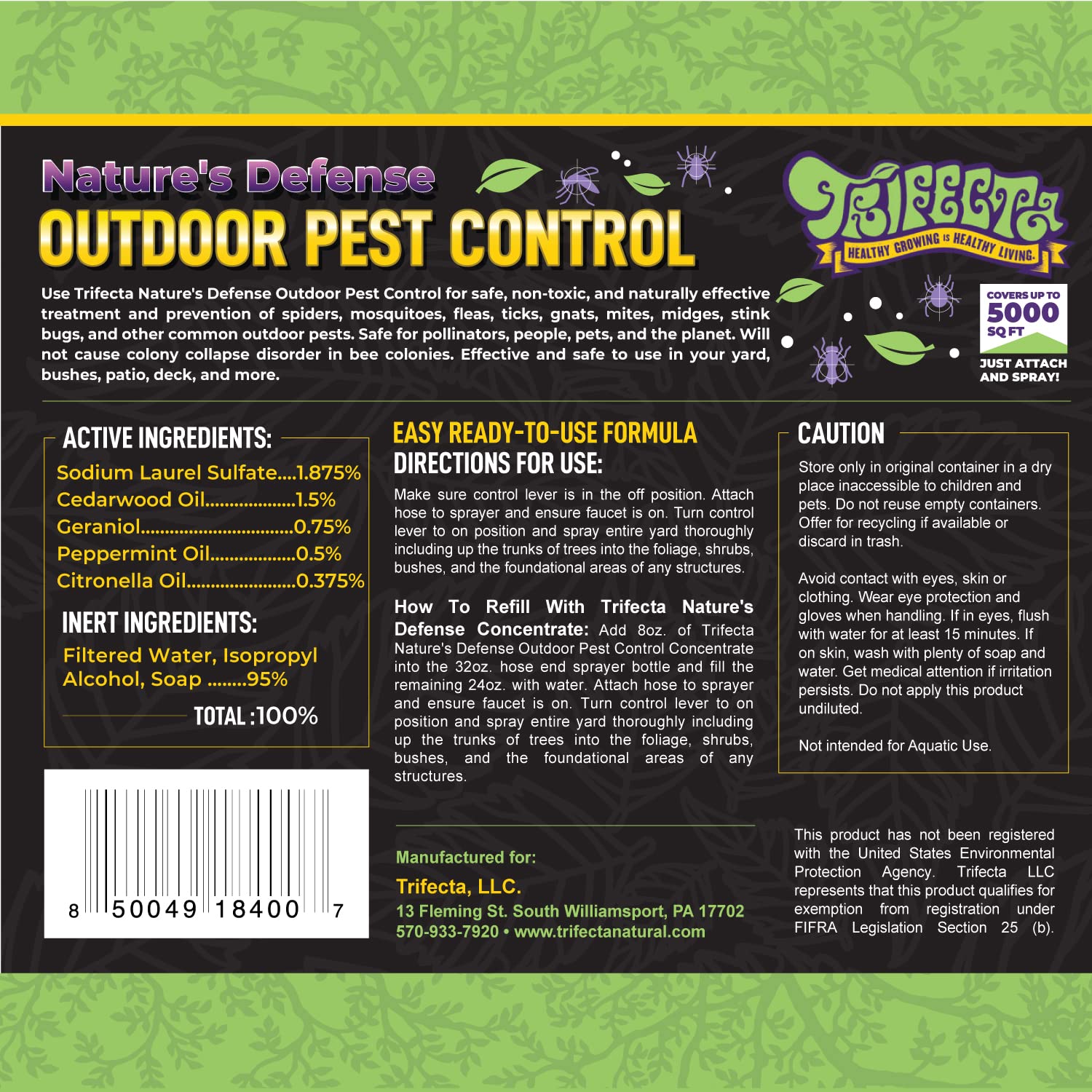 Trifecta Natural Outdoor Pest Control Spray: Mosquito Repellent Outdoor Patio, Lawns, Backyard, Kills Fleas, Spider, Ants, Pet Friendly Tick Yard Spray (Nature's Defense: Concentrate 10,000ft²)