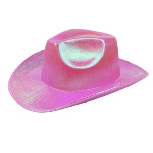 giftexpress pink space holographic cowgirl hat | neon pink shiny sparkly glittering cowboy hat for western cowboy themed party supply | cowgirl costume hat