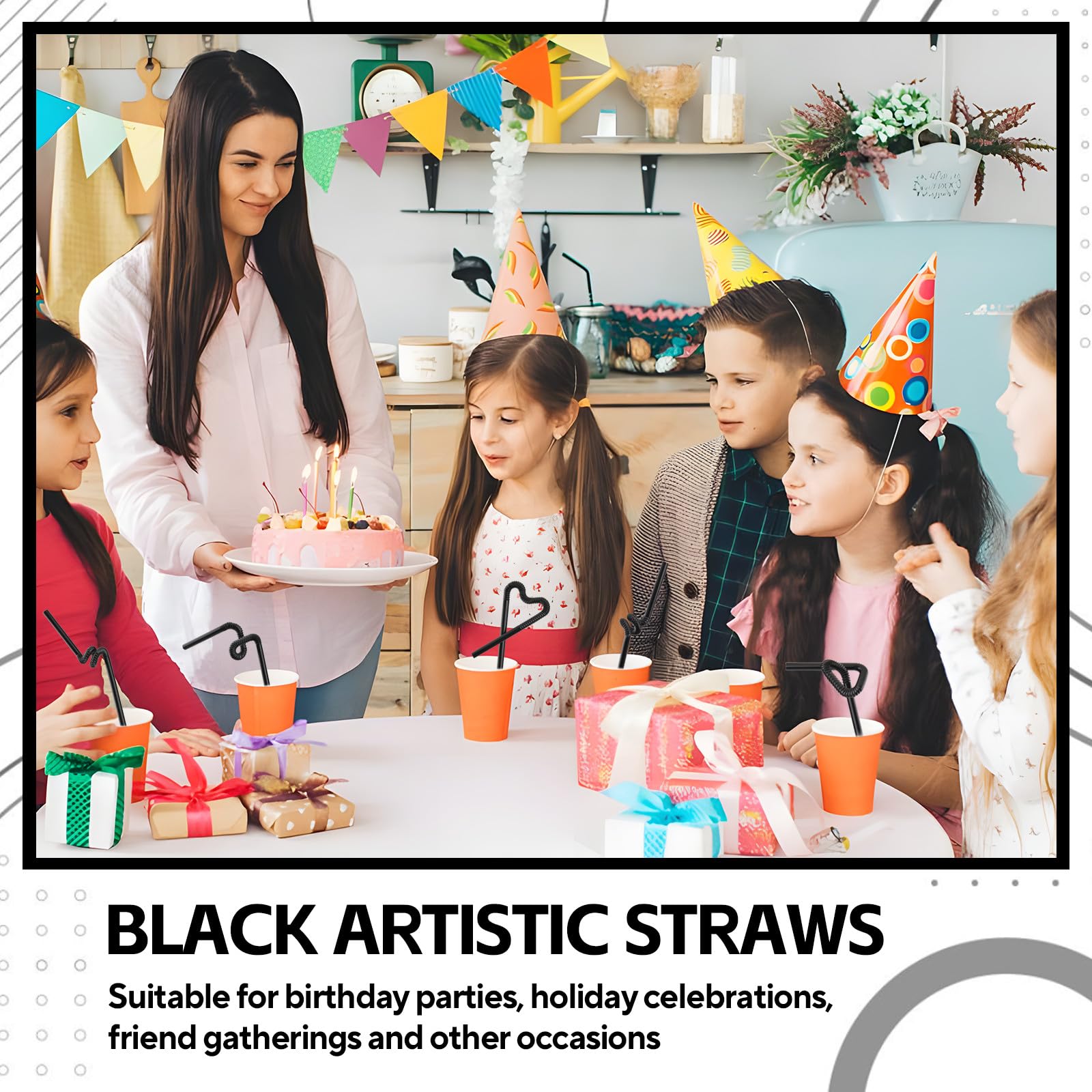 SONGNASS 100PCS Black Flexible Plastic Straws,Black Disposable Bendy Party Fancy Straws13inch Extra Long Straws Party Decorations