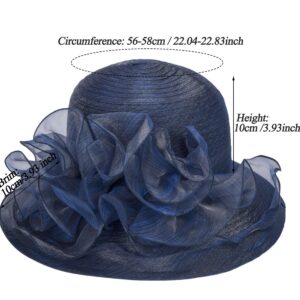 Women Organza Sun-Hats Wide-Brim Church-Hats for Tea Party Bridal Wedding Dress Hat Navy