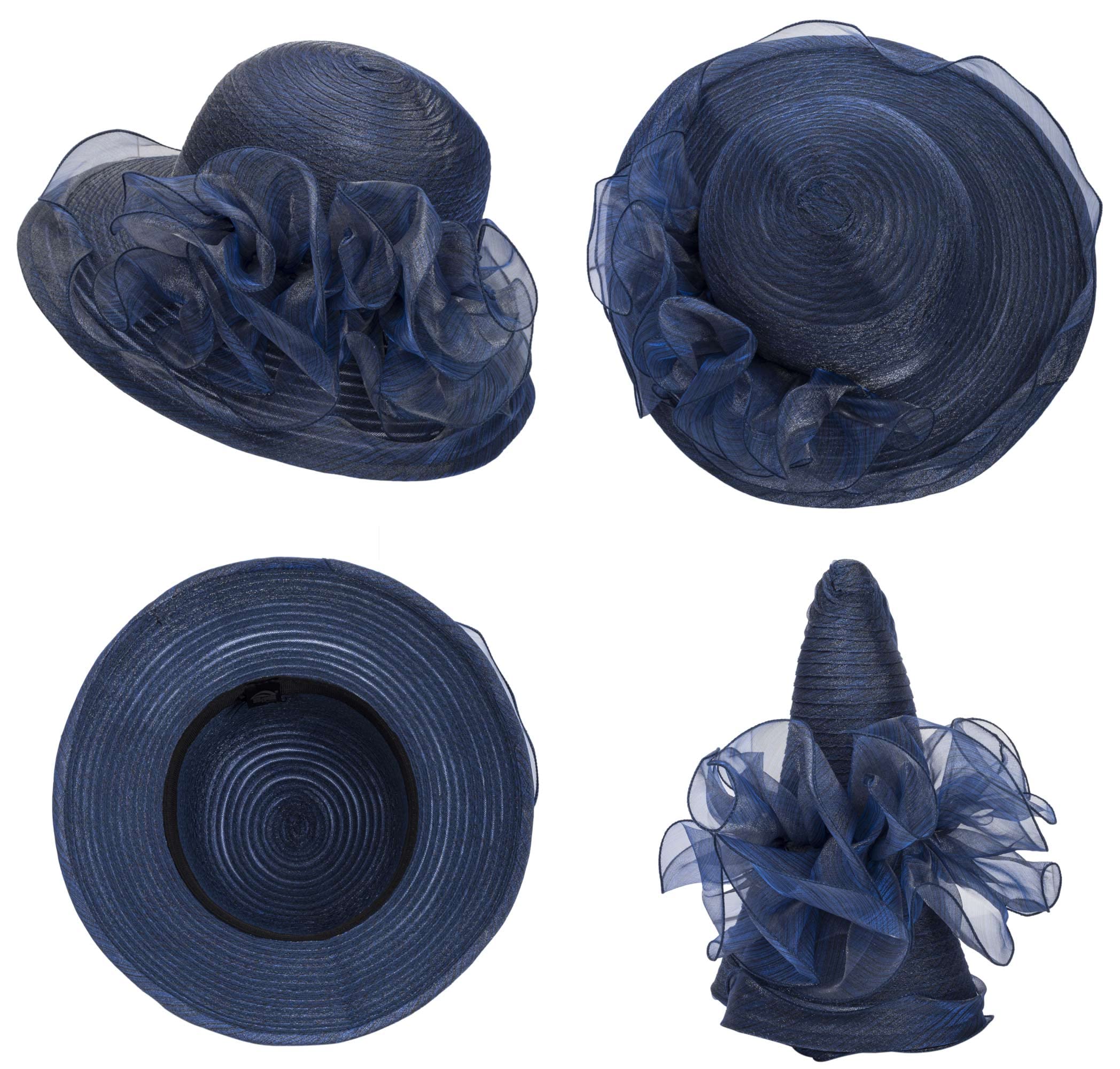 Women Organza Sun-Hats Wide-Brim Church-Hats for Tea Party Bridal Wedding Dress Hat Navy