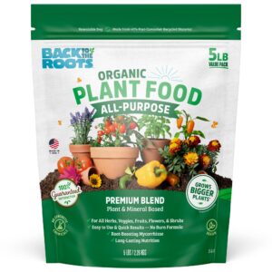 back to the roots organic all-purpose plant food (5 lb. value size), premium blend, safe & sustainable vegan formulation made with kelp and alfaalfa meal, mycorrhize, and rock phosphate minerals