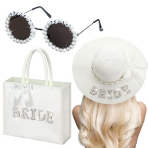 chunful 3 pcs bride tote bag sun hat glasses set bachelorette gifts for bride jute burlap bag with handles for honeymoon(white)