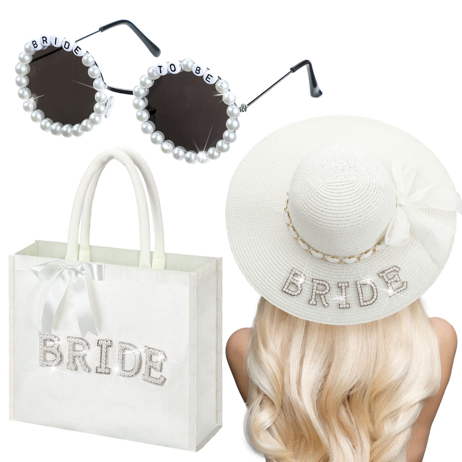 Chunful 3 Pcs Bride Tote Bag Sun Hat Glasses Set Bachelorette Gifts for Bride Jute Burlap Bag with Handles for Honeymoon(White)