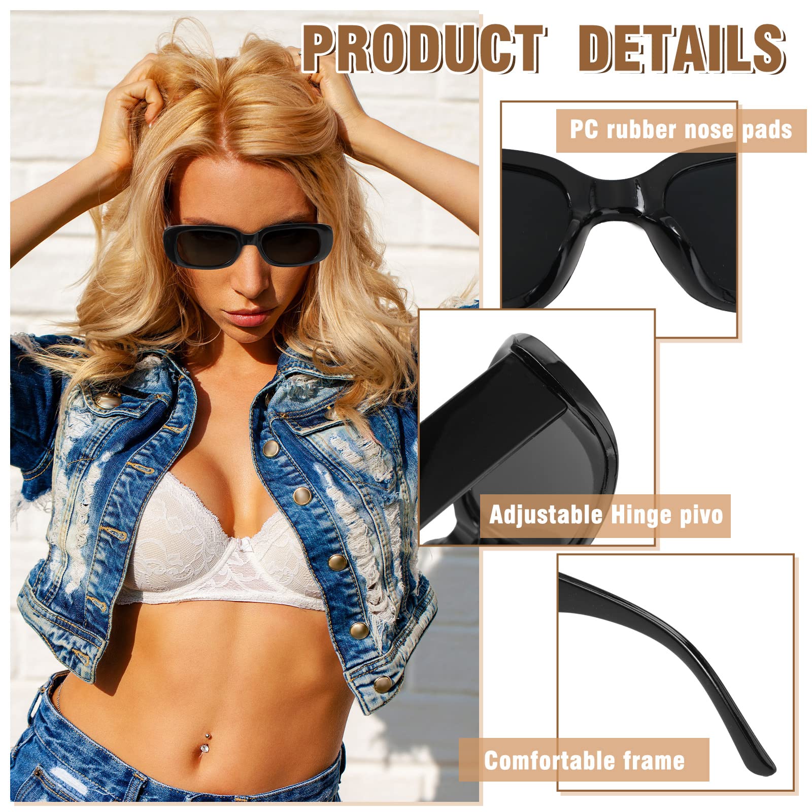 36 Pcs Womens Rectangle Sunglasses Retro Trendy Glasses Vintage Sunglasses Driving Sunglass 90s Eyewear for Girl Men(Black)