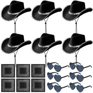 18 pieces cowboy hat with heart sunglasses and paisley bandanna set for women teens (black, glitter style)