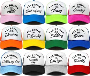 funky junque trucker hat - 12 pk - ibt (alibi,b-money,chaos,crazy,drama,f-bombs,edibles,booze,g-car,g-rap,lawyer,trouble)