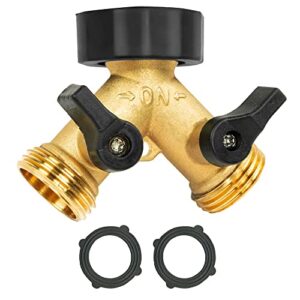 liulo tool brass garden hose splitter 2 way, hose y splitter 3/4 inch heavy duty brass hose connector tap splitter, hose spigot adapter 2 valves with rubber washers (1 pack)