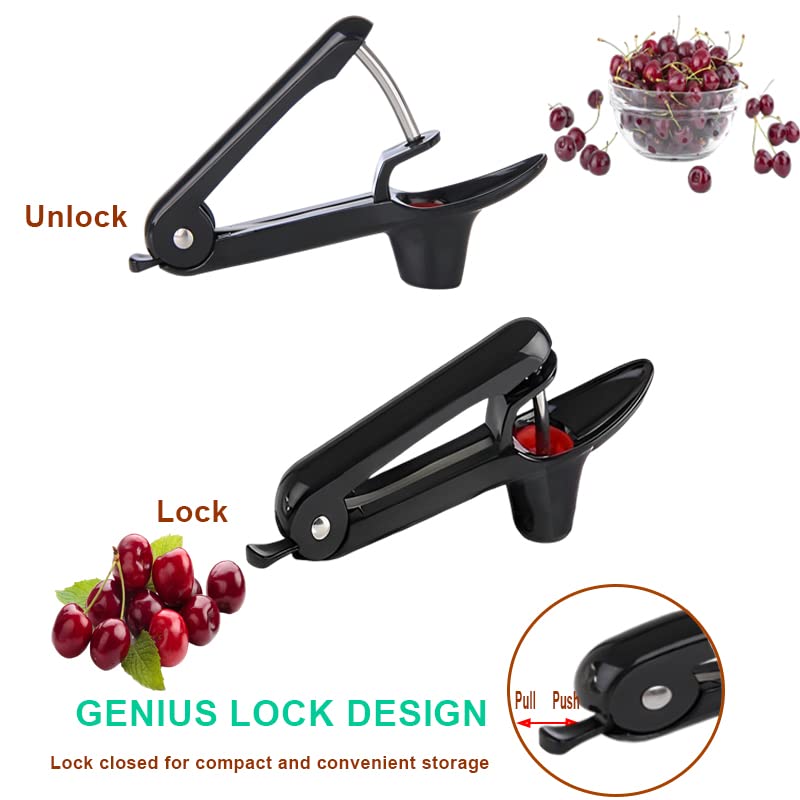 Cherry Pitter - Heavy-Duty Stainless Steel Olive and Cherry Pitters Corer Tool with Space-Saving Lock Design, Multi-Function Cherries Stoner Seed Remover Tool for Making Cherry Jam (Black)