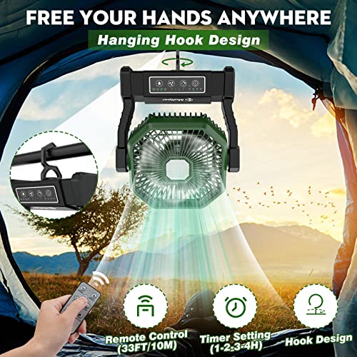 10000mAh Camping Fan Rechargeable with LED Lantern, Battery Operated Fan Outdoor Camping Fans for Tents with Remote & Hook, 4 Speed Powerful USB Table Fan for Fishing, Camping, Travel, Jobsite (Black)