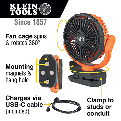 Klein Tools PJSFM2 Lithium Battery Operated Fan, Rechargeable Mini USB Fan with Clip On, Hang Hole, and Magnet Mounting, Portable, Orange/Gray