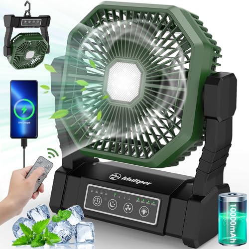 10000mAh Camping Fan Rechargeable with LED Lantern, Battery Operated Fan Outdoor Camping Fans for Tents with Remote & Hook, 4 Speed Powerful USB Table Fan for Fishing, Camping, Travel, Jobsite (Black)