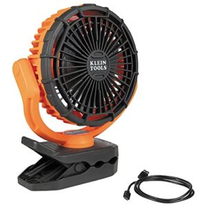 klein tools pjsfm2 lithium battery operated fan, rechargeable mini usb fan with clip on, hang hole, and magnet mounting, portable, orange/gray