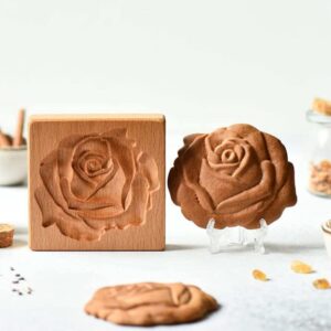 Wooden Cookie Cutter Embossing Mold, 3D Carved Wooden Cookie Mold, Biscuit Press Stamp Molds for Baking Moulds Christmas Thanksgiving Halloween Easter Kitchen DIY (Red roses)