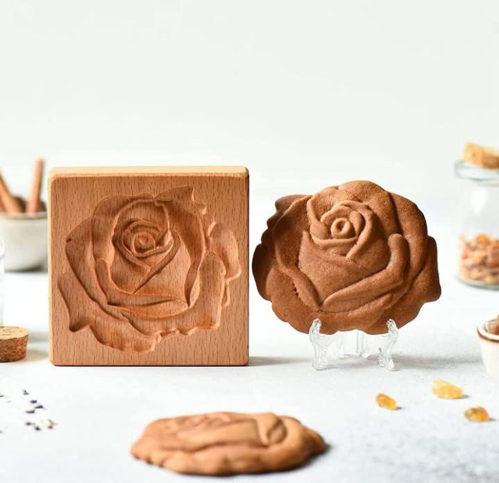 Wooden Cookie Cutter Embossing Mold, 3D Carved Wooden Cookie Mold, Biscuit Press Stamp Molds for Baking Moulds Christmas Thanksgiving Halloween Easter Kitchen DIY (Red roses)