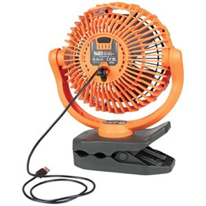 Klein Tools PJSFM2 Lithium Battery Operated Fan, Rechargeable Mini USB Fan with Clip On, Hang Hole, and Magnet Mounting, Portable, Orange/Gray