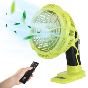 portable fan for ryobi 18v battery, cordless fans portable battery operated fan with battery and charger,with 300lm led light, for hom, outdoor,camping, picnic and job site