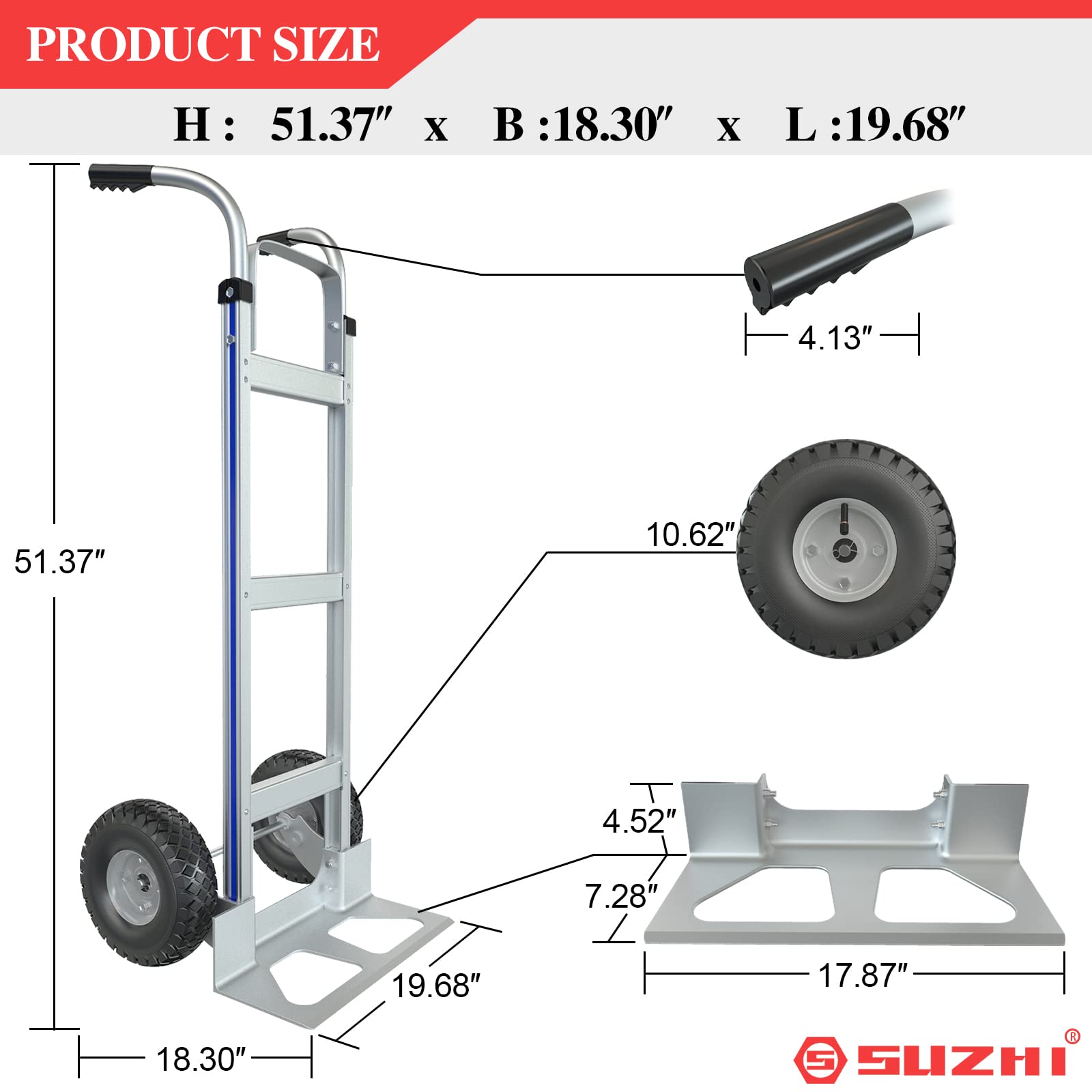 SuZhi 2 Wheel Hand Truck Dolly Cart Heavy Duty,Two Wheel Aluminum Hand Truck Dolly Cart with Wheels & 2 Free Straps,600lb Capacity, New IM for Groceries,Furniture,Electrical Appliance &Large Carton