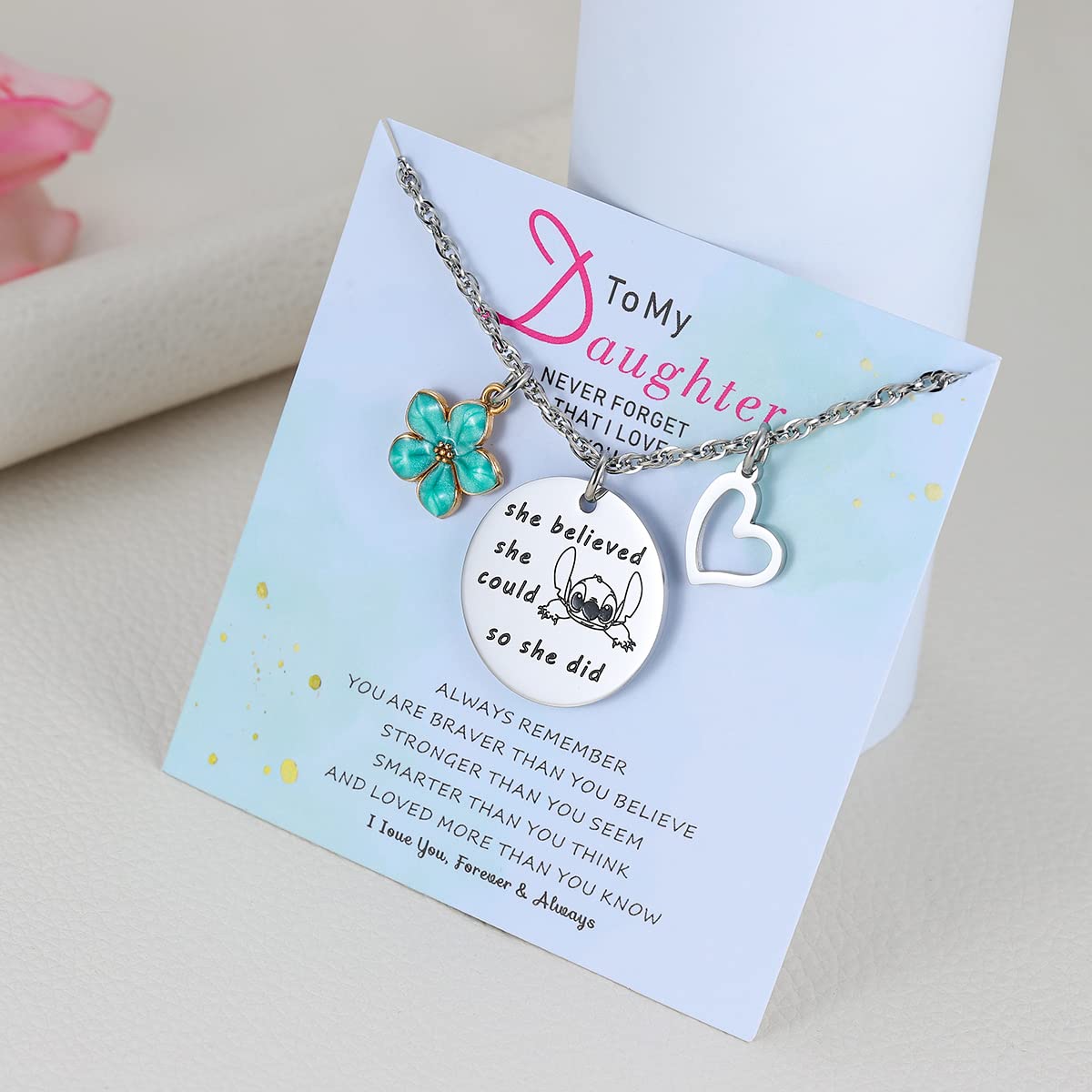 Joxevyia Stitch Gift She Believe She Could So She Did Necklace to My Daughter Gift Stainless Steel Charm Pendant Inspirational Necklace for her Birthday Christmas Graduation Gift