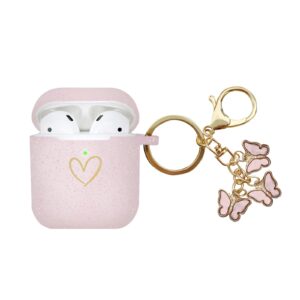 aiiekz compatible with airpods case cover, soft silicone case with gold heart pattern for airpods 2&1 generation case with cute butterfly keychain for girls women (rose gold)