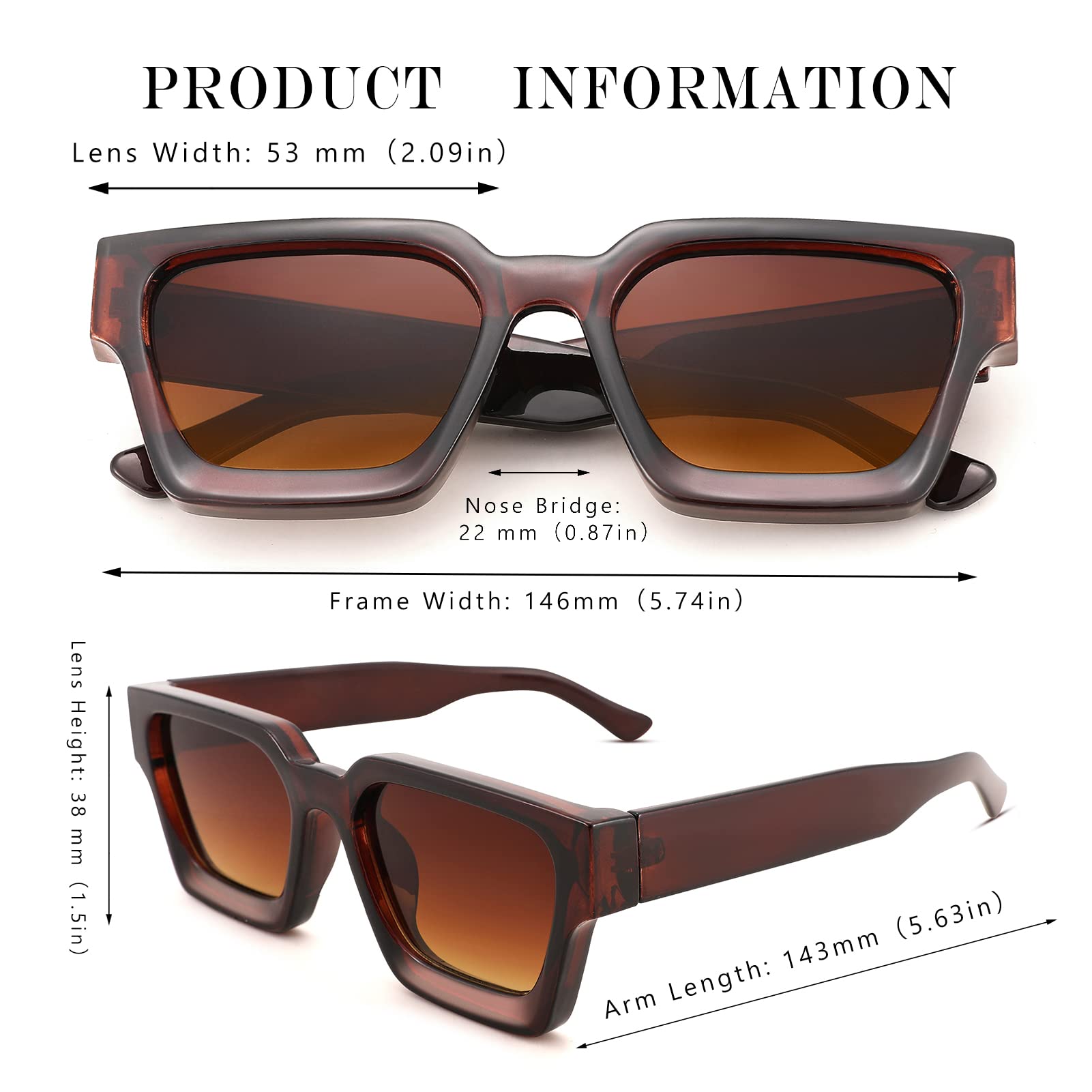 Hycredi Thick Rectangle Sunglasses Women Men Retro Square Chunky Shades 90s Glasses UV400 Protection -Black+Brown