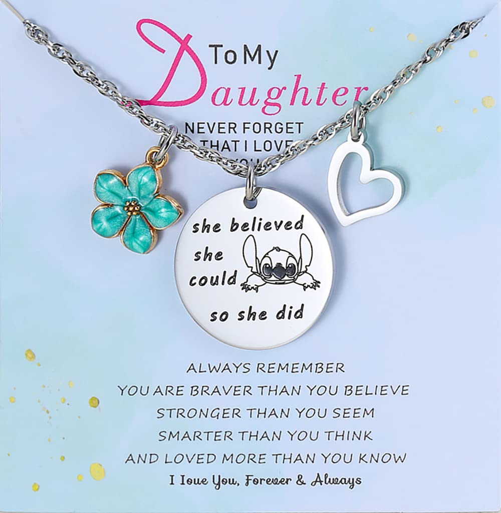 Joxevyia Stitch Gift She Believe She Could So She Did Necklace to My Daughter Gift Stainless Steel Charm Pendant Inspirational Necklace for her Birthday Christmas Graduation Gift