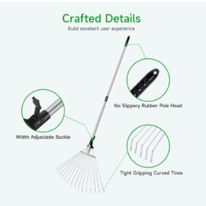 GreatBuddy Adjustable Leaf Rake, 7"-23" Expandable Width, Perfect for Shrub, Flower Bed, Lawn, Yard, Garden Cleaning, Lightweight Aluminum Retractable Handle for Easy Use