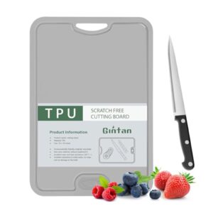 gintan flexible tpu cutting board with knife and juice groove, bpa free flexible chopping boards for kitchen dishwasher safe easy grip handle（grey）