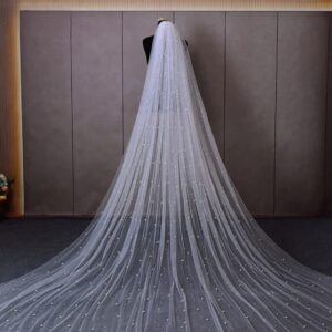 EllieWely Long Cathedral Length Pearl Wedding Bridal Veil With Metal Comb F07 3 M Ivory