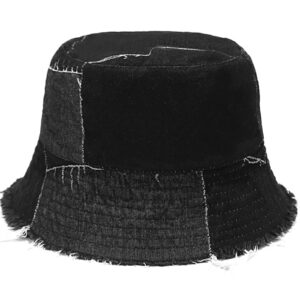 xyiyi unisex black double-side-wear reversible bucket hat denim washed fisherman cap beach sun hat