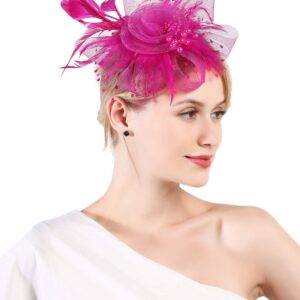 Fascinator Kentucky Hat for Women Tea Party Wedding.Church Derby Headband, 1920s Fascinator Hat with Clip-Hot Pink-01