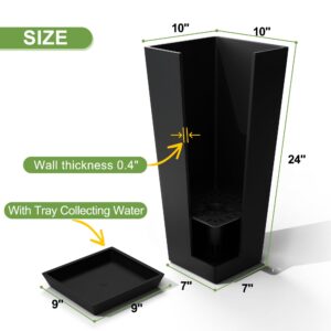 Elevens Set of 2 Tall Outdoor Planters 24 Inch, Large Planters for Indoor Outdoor Plants, Tapered Square Flower Pots with Tray for Patio,Black