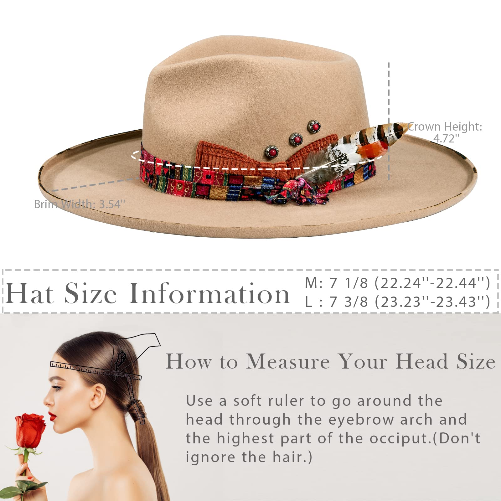 FEMSÉE Fedora Hats for Women Vintage Wide Brim Hat Western 100% Australian Wool Pencil Brim Felt Panama Hat