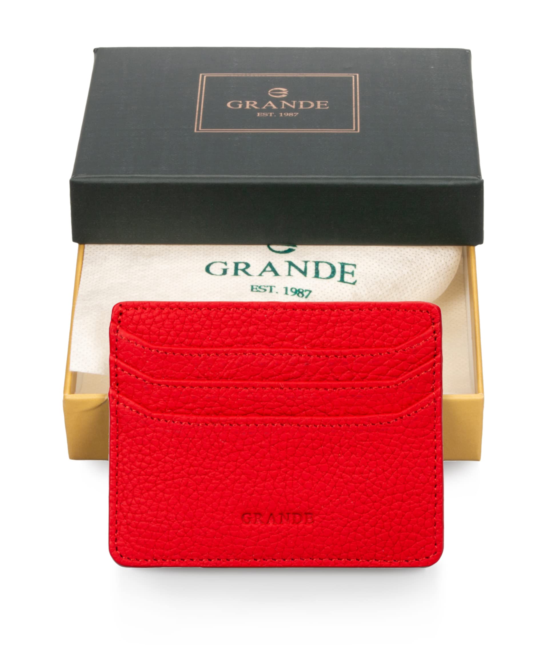 grande 3633 Genuine Leather Card Holder For Women and Men Super Slim Minimalist Small Snap Wallet (Red)