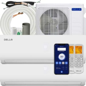 DELLA 18K BTU ODU 2 Dual Zone 9000 9000 BTU Wifi Mini Split Air Conditioner Work with Alexa, 19 SEER2 208-230V Cools Up to 800 Sq.Ft Multi Zone Ductless Pre-Charged Heat Pump, 16ft Installation Kits