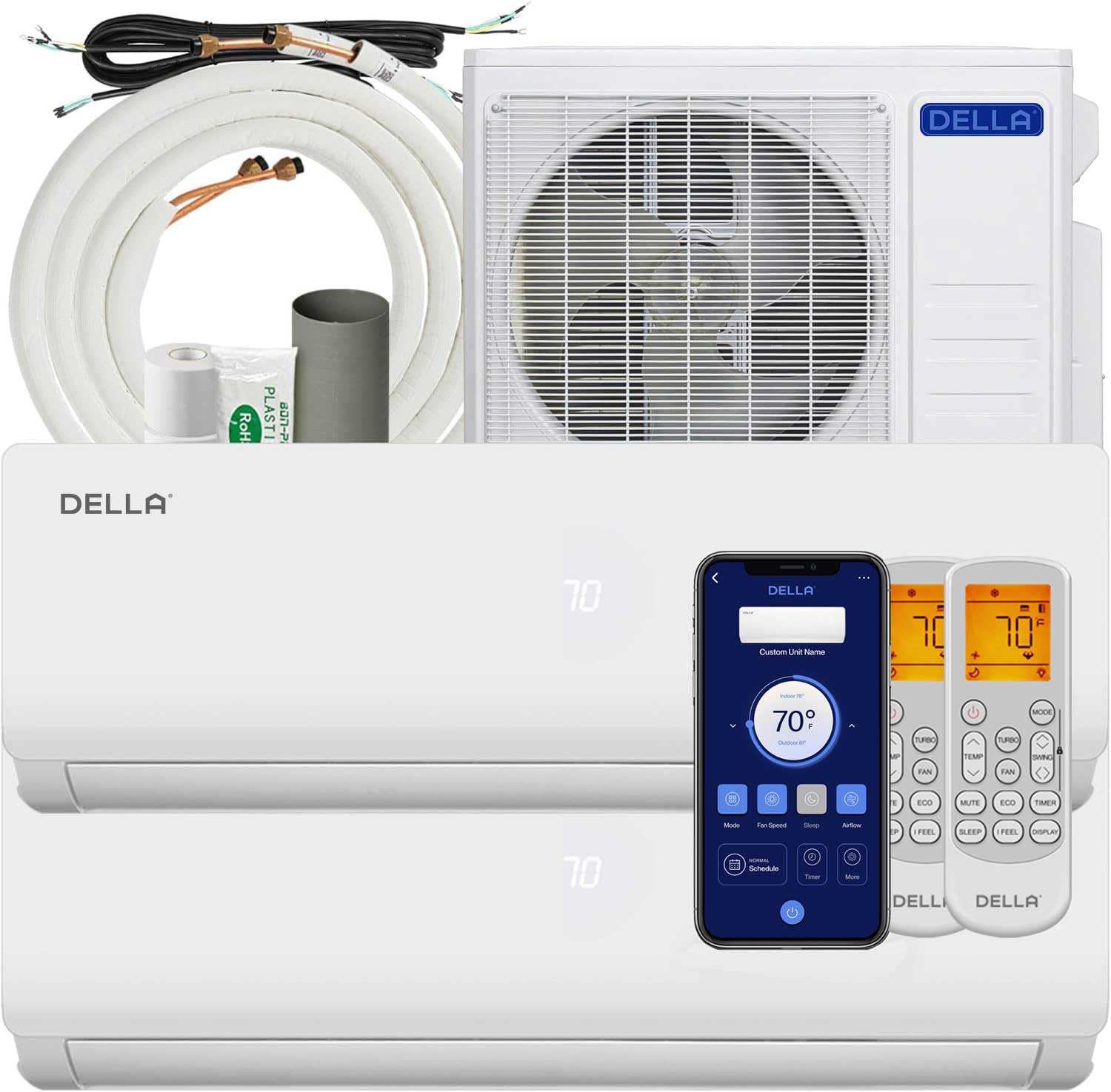 DELLA 18K BTU ODU 2 Dual Zone 9000 9000 BTU Wifi Mini Split Air Conditioner Work with Alexa, 19 SEER2 208-230V Cools Up to 800 Sq.Ft Multi Zone Ductless Pre-Charged Heat Pump, 16ft Installation Kits