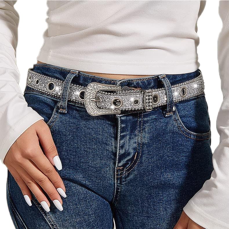 Womens Vintage Rhinestone Belt Western Cowgirls Style Sequin Diamond Bling Belts for Jeans Dress Pants