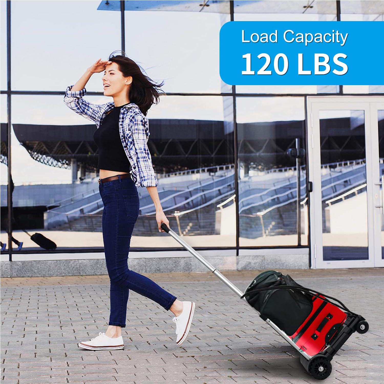 Folding Luggage Cart with Expandable Chassis, 4 Wheels Aluminum Folding Hand Truck,Collapsible Heavy Duty Travel Dolly Cart,120lbs