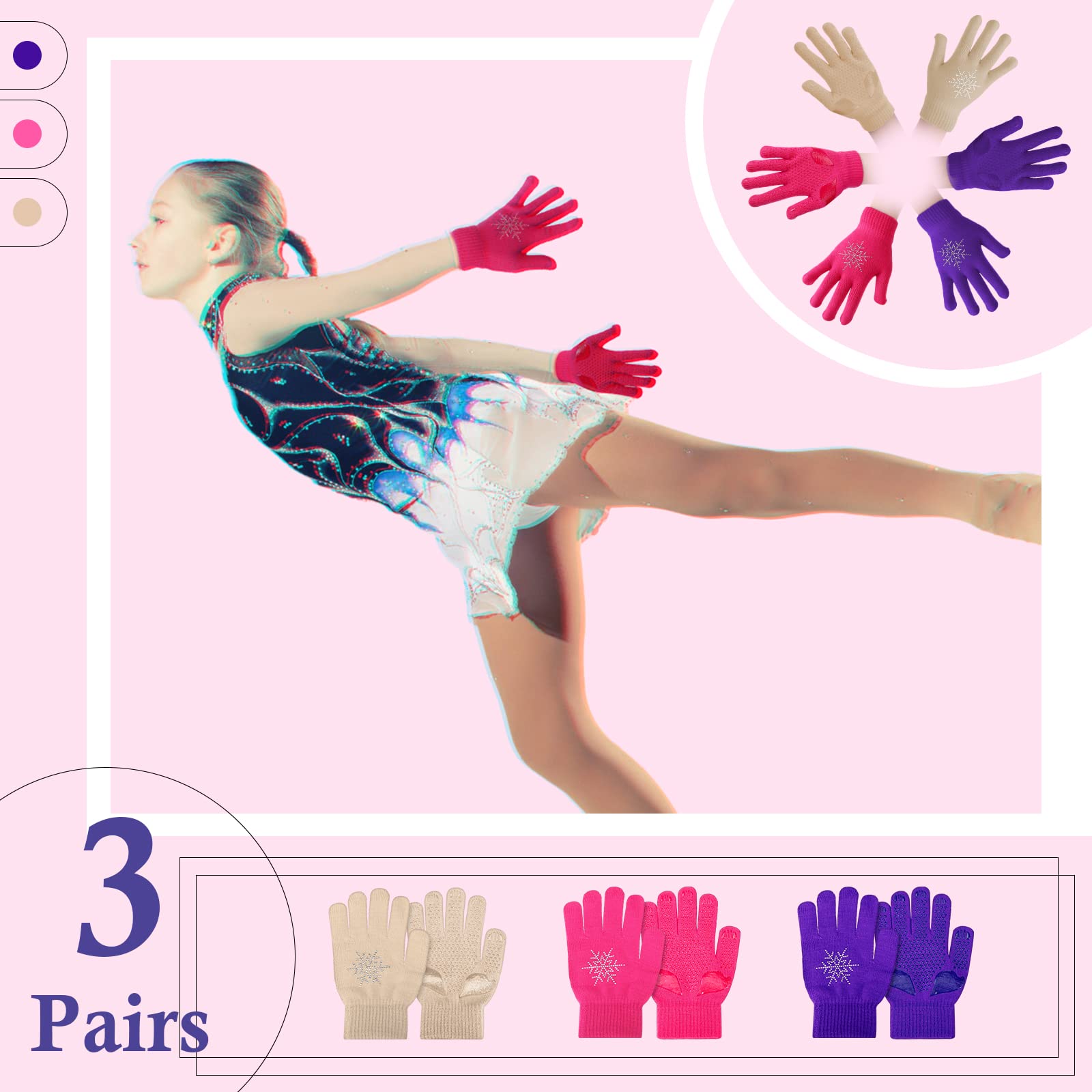 Jiuguva 3 Pairs Ice Skating Gloves Figure Skating Accessories Gloves with Snowflake Rhinestone Knit Gloves for Kid Girl (Skin Color, Purple, Pink)