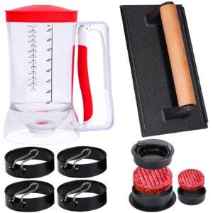 breakfast kit for blackstone grill, 7 piece griddle accessories set - including pancake batter dispenser, bacon press, egg rings, hamburger press patty maker