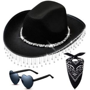 hercicy light up rhinestone cowboy hat glitter cowboy hat sparkly cowgirl hat for concert birthday party beyonce renaissance(black, 1 pack)