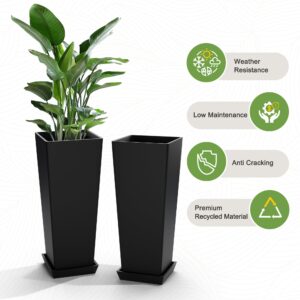 Elevens Set of 2 Tall Outdoor Planters 24 Inch, Large Planters for Indoor Outdoor Plants, Tapered Square Flower Pots with Tray for Patio,Black