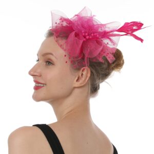 Fascinator Kentucky Hat for Women Tea Party Wedding.Church Derby Headband, 1920s Fascinator Hat with Clip-Hot Pink-01