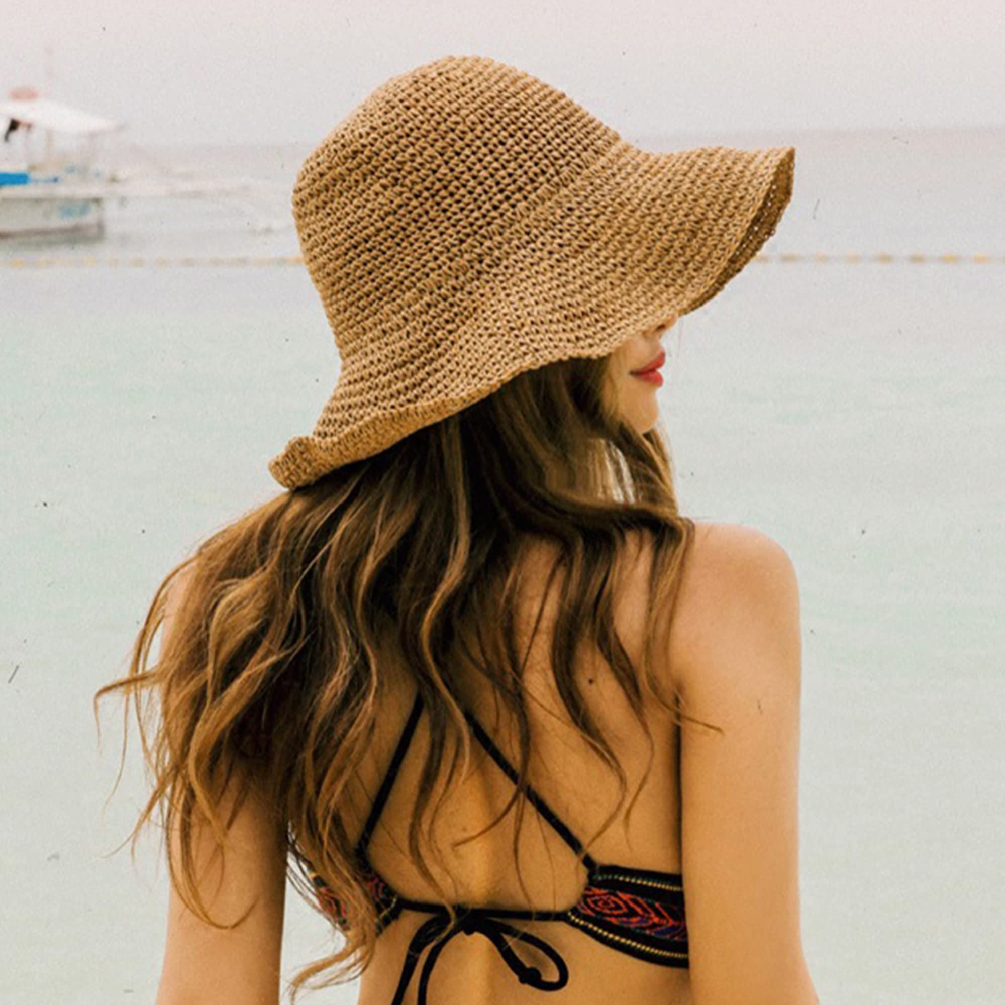 Crochet Straw Sun Hat for Women Floppy Beach Sun Hat Soft Large Lady Bucket Hat Foldable Travel Summer Medium Khaki